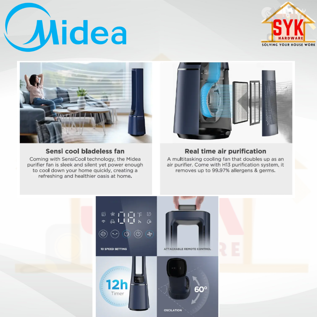 SYK Midea MBF-150P Bladeless Tower Fan Air Multiplier Purifier Electric ...