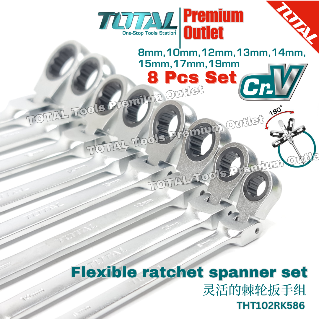 TOTAL Tools Cr-V 8pcs Flexible ratchet spanner set Size 8mm~19mm 灵活的棘轮扳手组 - THT102RK586 | Shopee ...