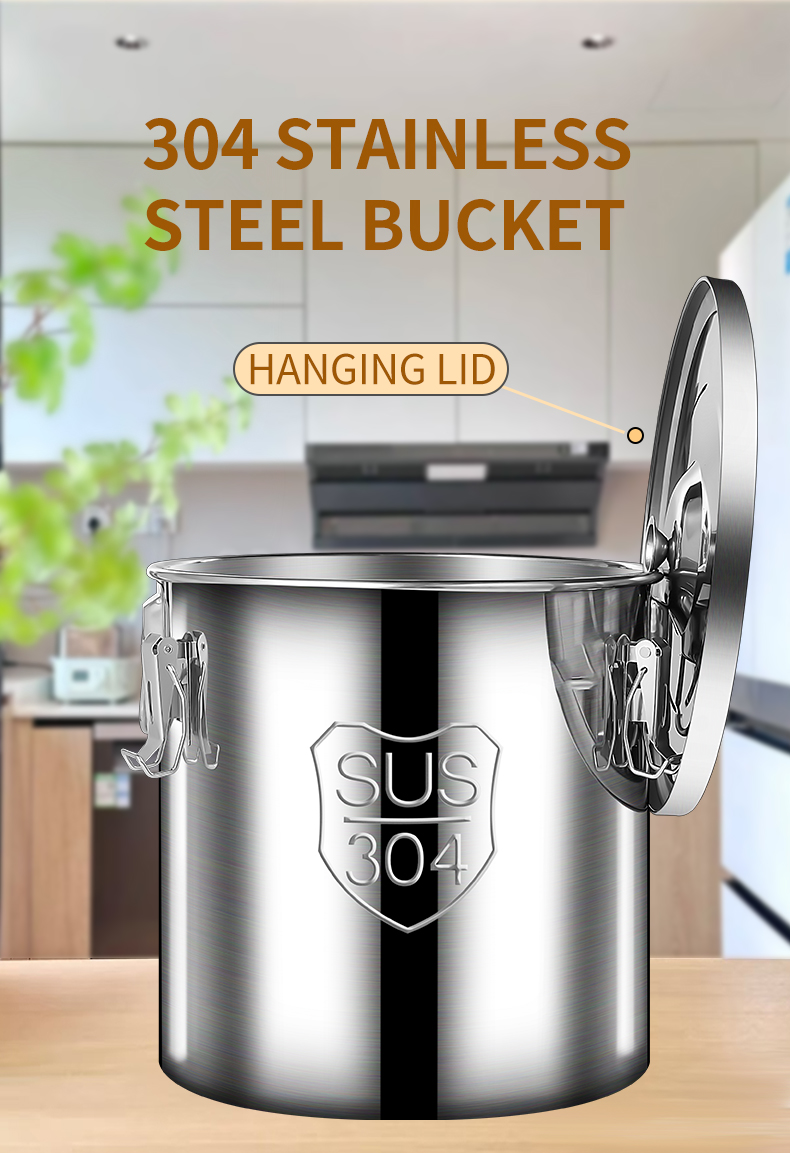 304 Stainless Steel Food Container - Large Rice Bucket 6L/12L/21L/33L ...