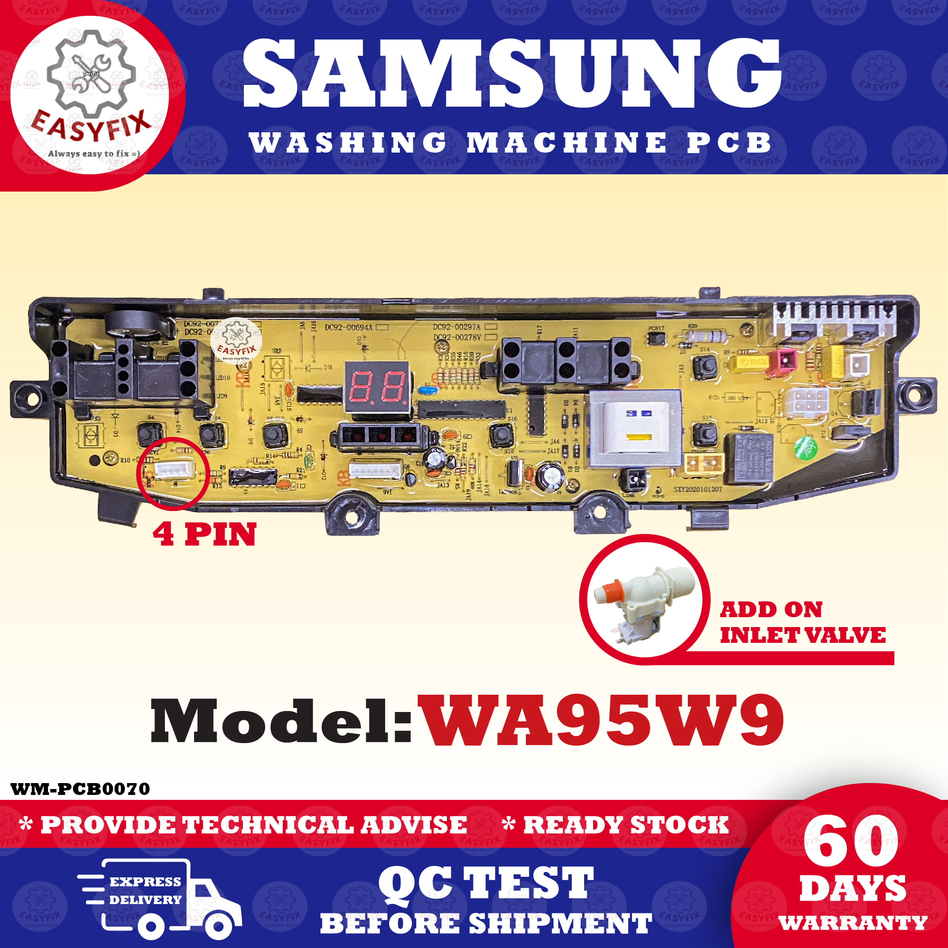 (4PIN SOCKET) WA95W9 SAMSUNG WASHING MACHINE PCB BOARD (CONTROL BOARD ...