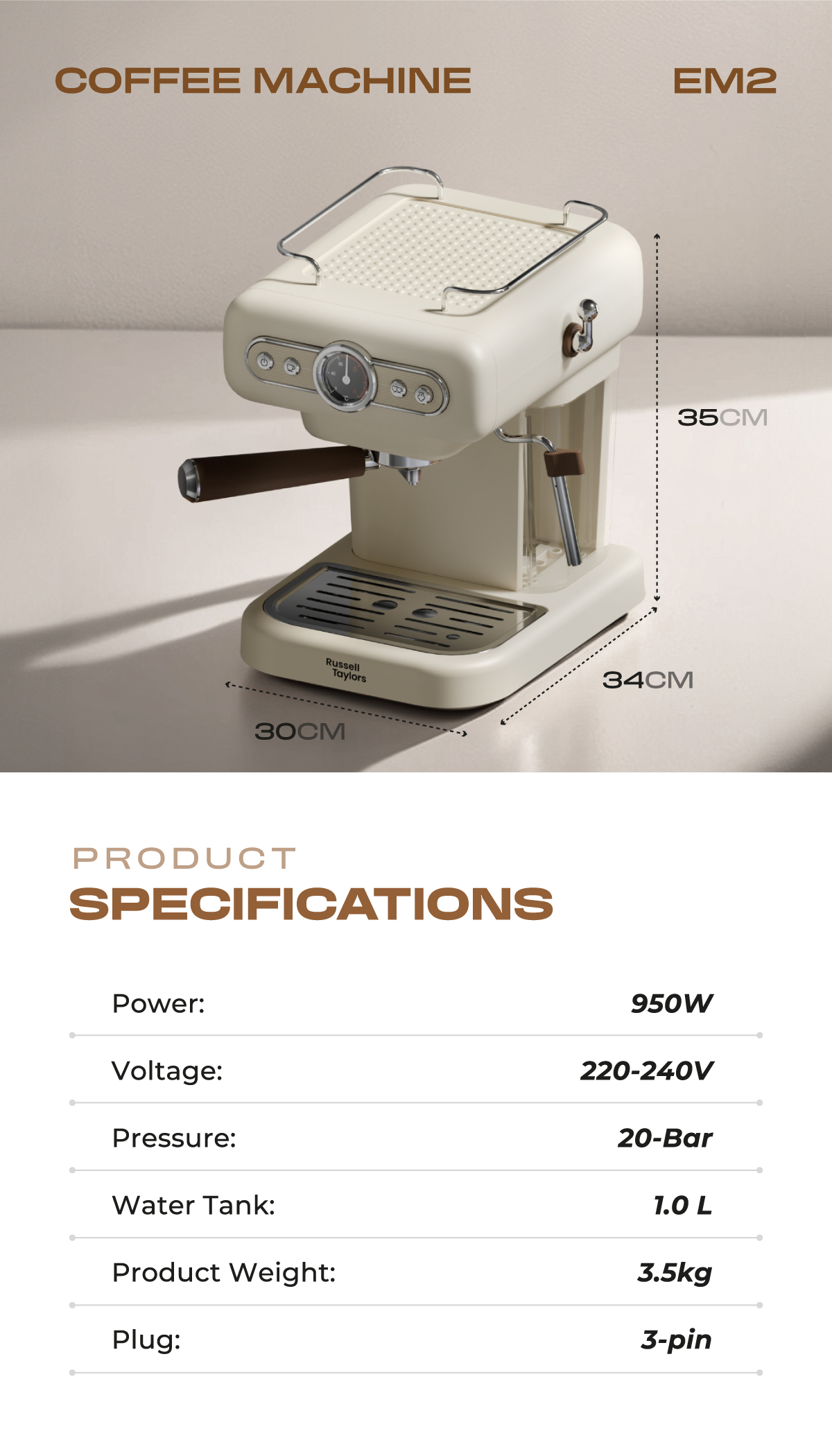 Russell Taylors 20 Bar Espresso Coffee Machine Mesin Kopi Retro Style ...