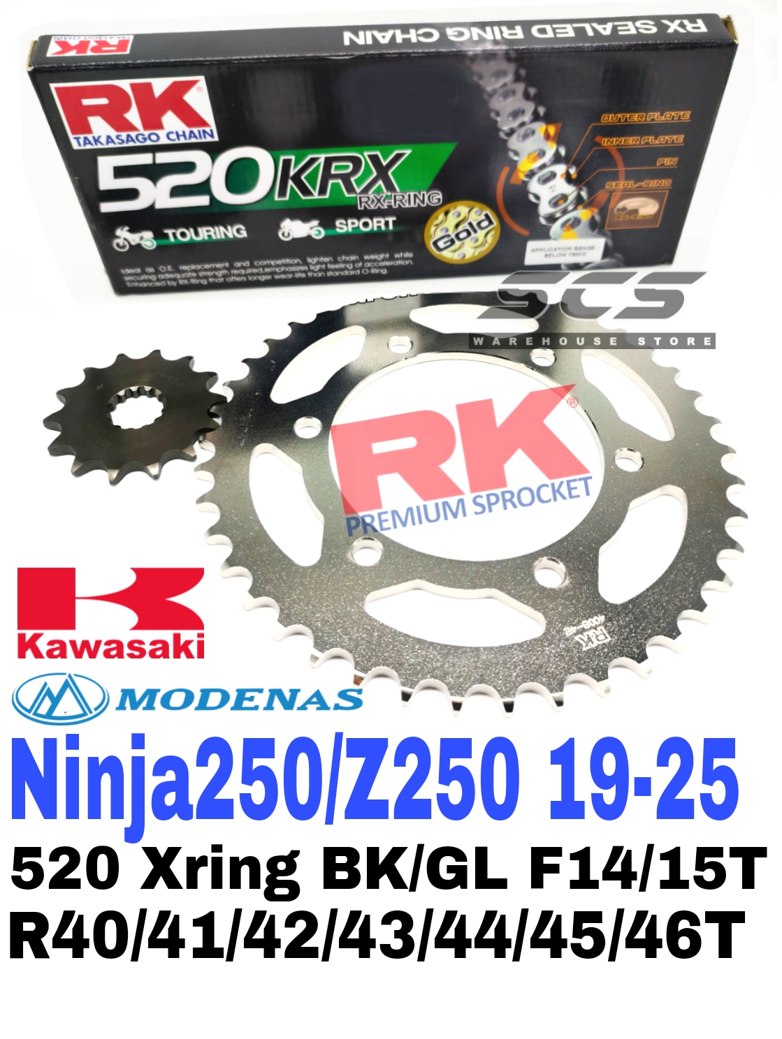 RK Sprocket Set Kawasaki Ninja 250 Z250 2019-2025 RK 520 KRX X-Ring ...