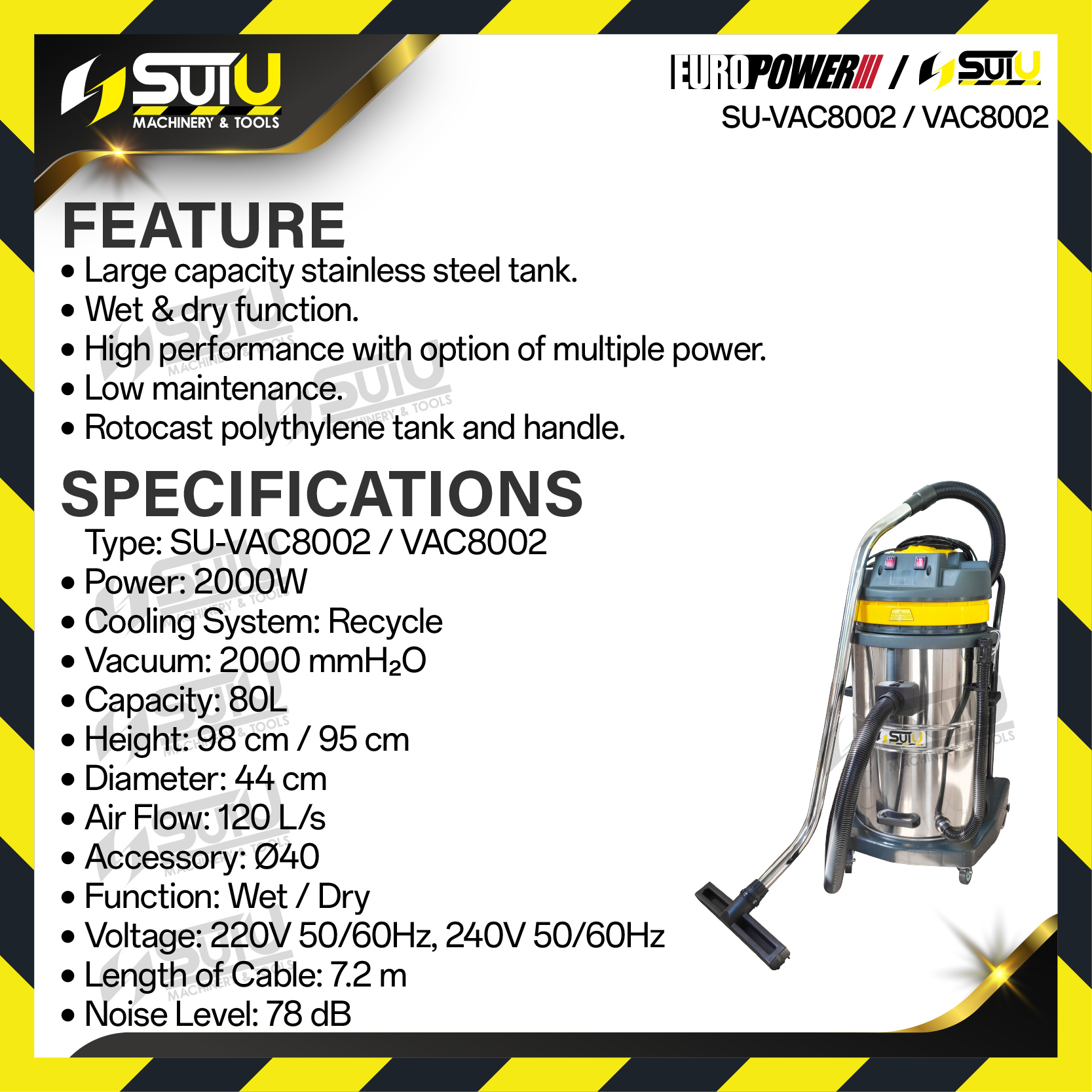 Sui U Eurox Vac8002 80l Stainless Steel Vacuum Cleaner 2000w 2in1