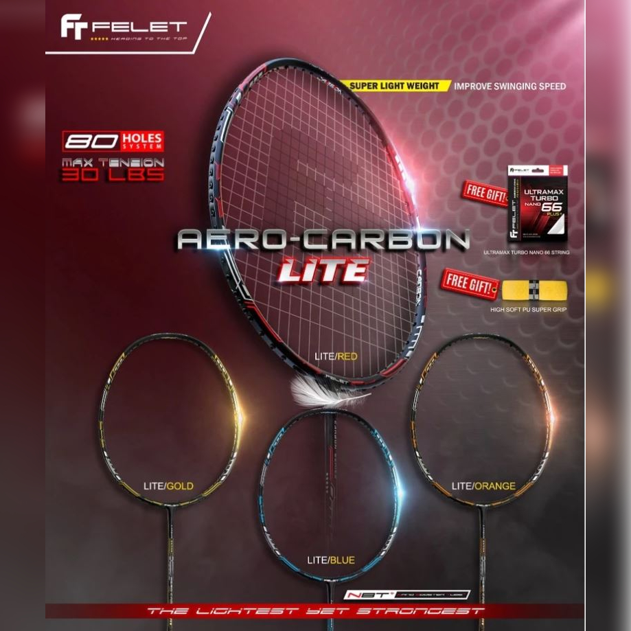 FELET Aerocarbon Lite 7U Superlight Badminton Racket Pakej Tali + Grip ...