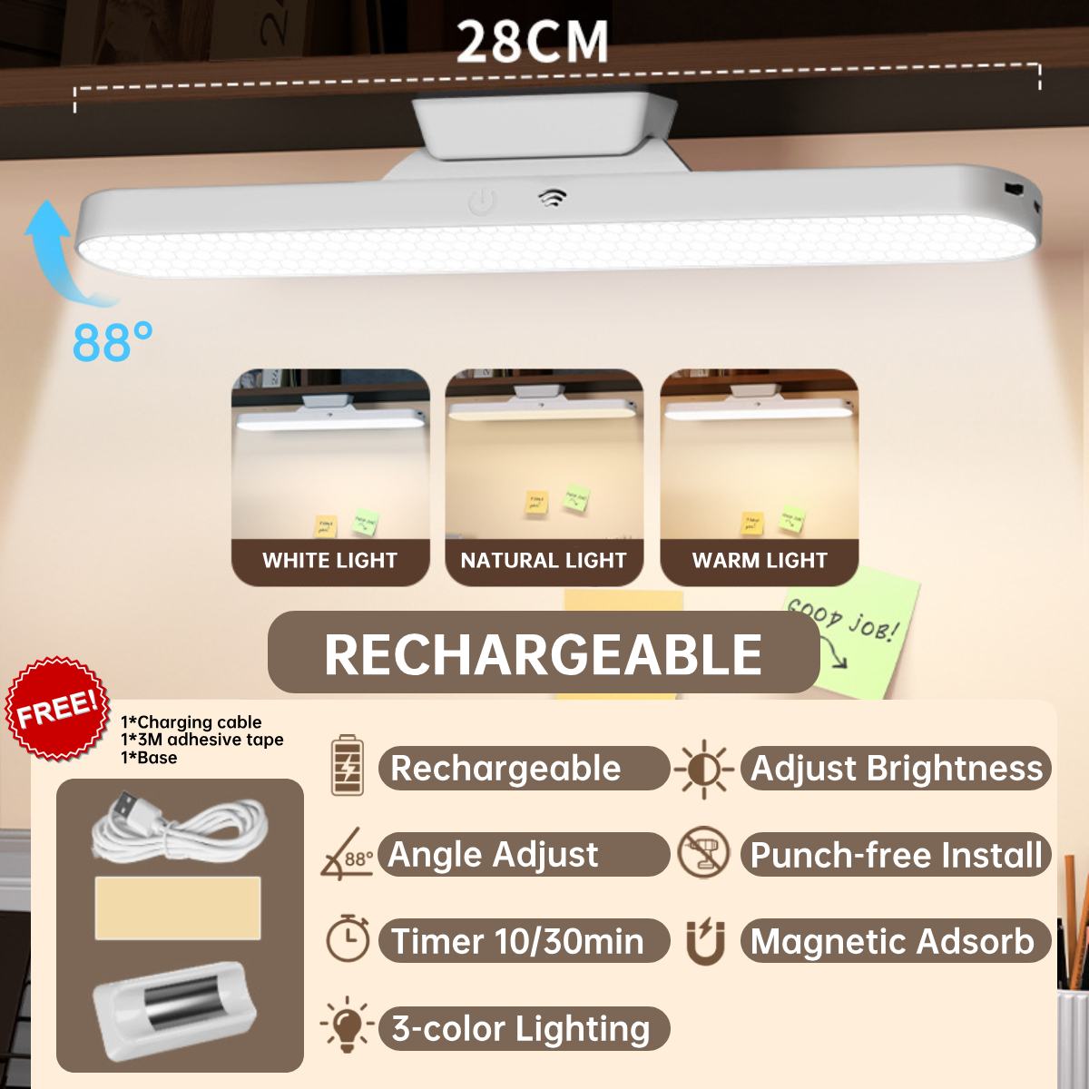 Magnetic Led Strip Light for Bedroom 3 Colors USB Rechargeable Table ...