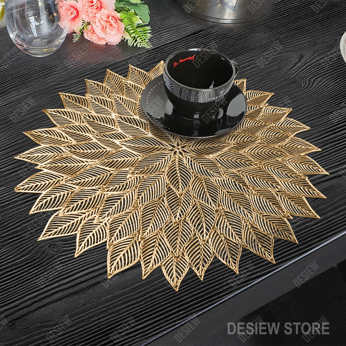 Lapik Meja Alas Meja Table Mat 6 / 8 Kerusi Gold Flower Leaves ...