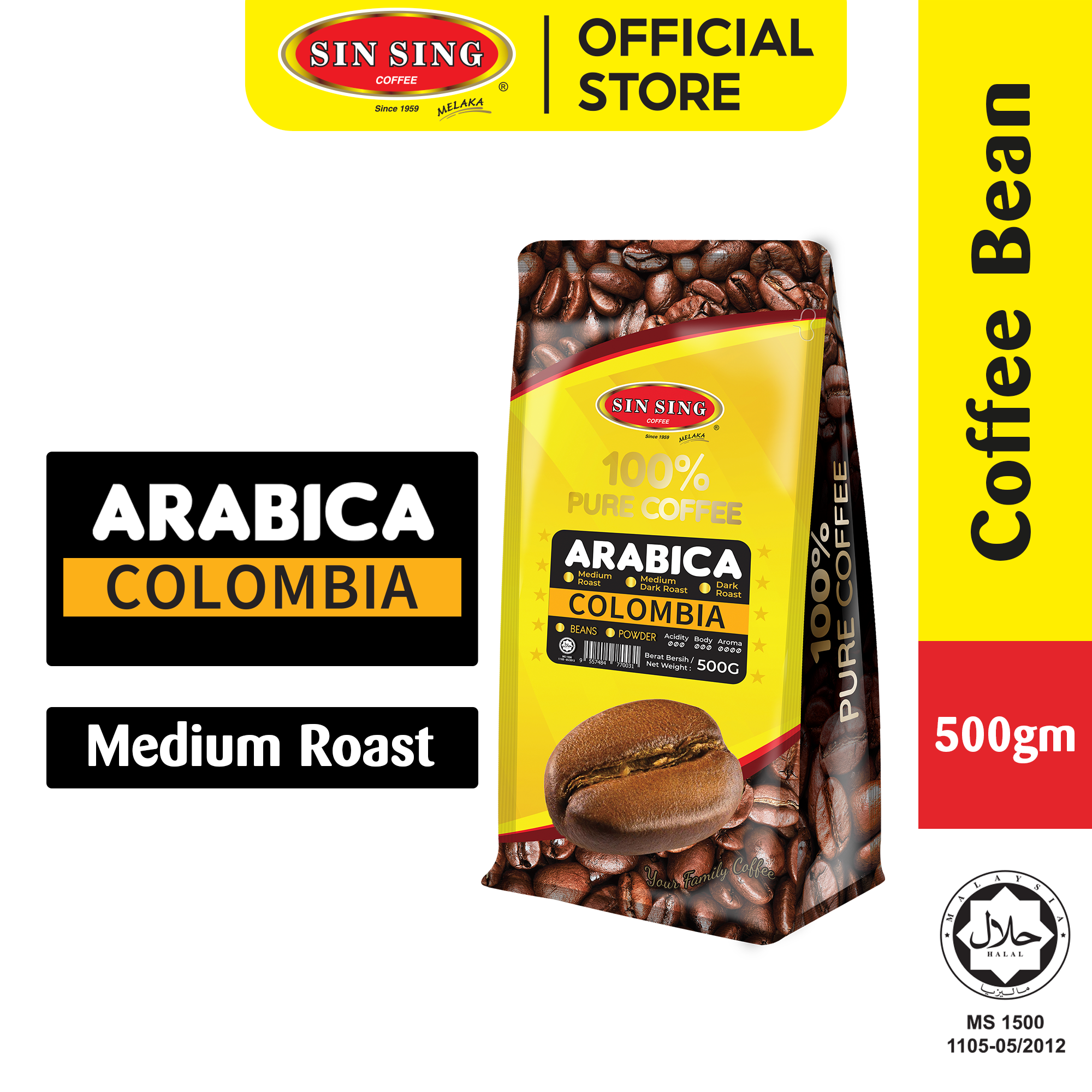 Sin Sing Coffee Bean 100% Arabica Colombia 500g | Medium Roast | Whole ...
