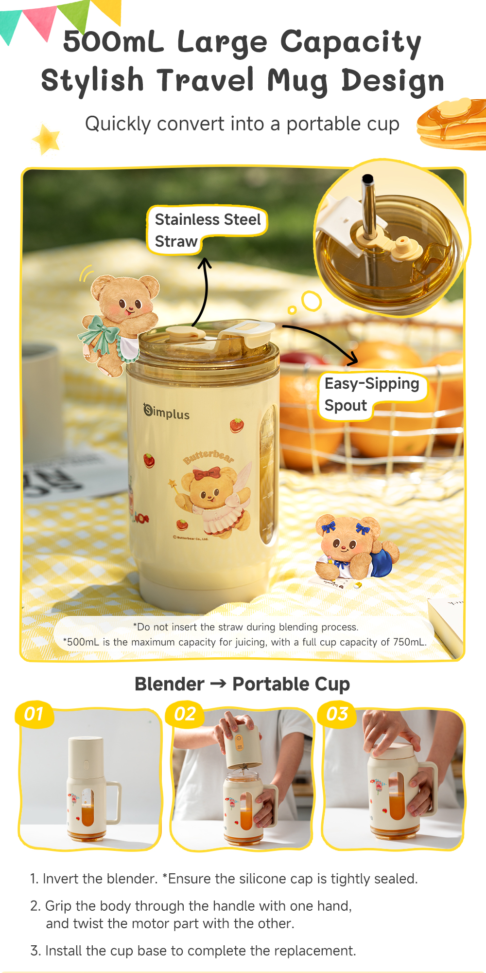 【Simplus×Butterbear】Portable Blender Wireless Juicer Cup Fashionable To ...