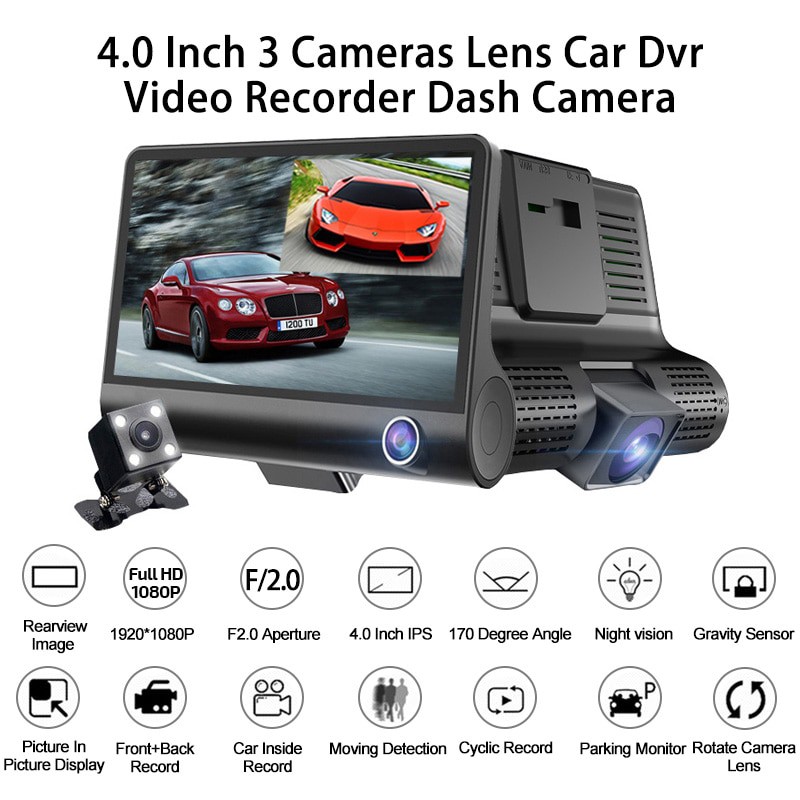 4-Inch 3 Lens Dash Cam - 1080P Full HD, 170° Wide Angle, G-Sensor, Rear ...
