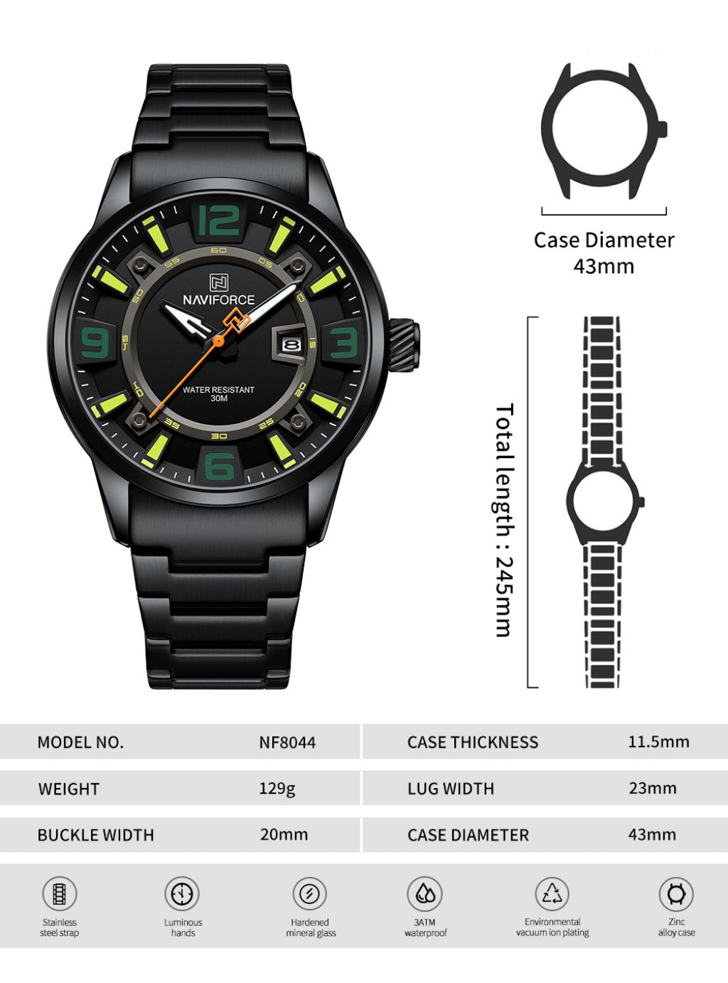 NAVIFORCE NF8044 Luminous Waterproof 3D Fun Dial Trendy Stainless Steel ...