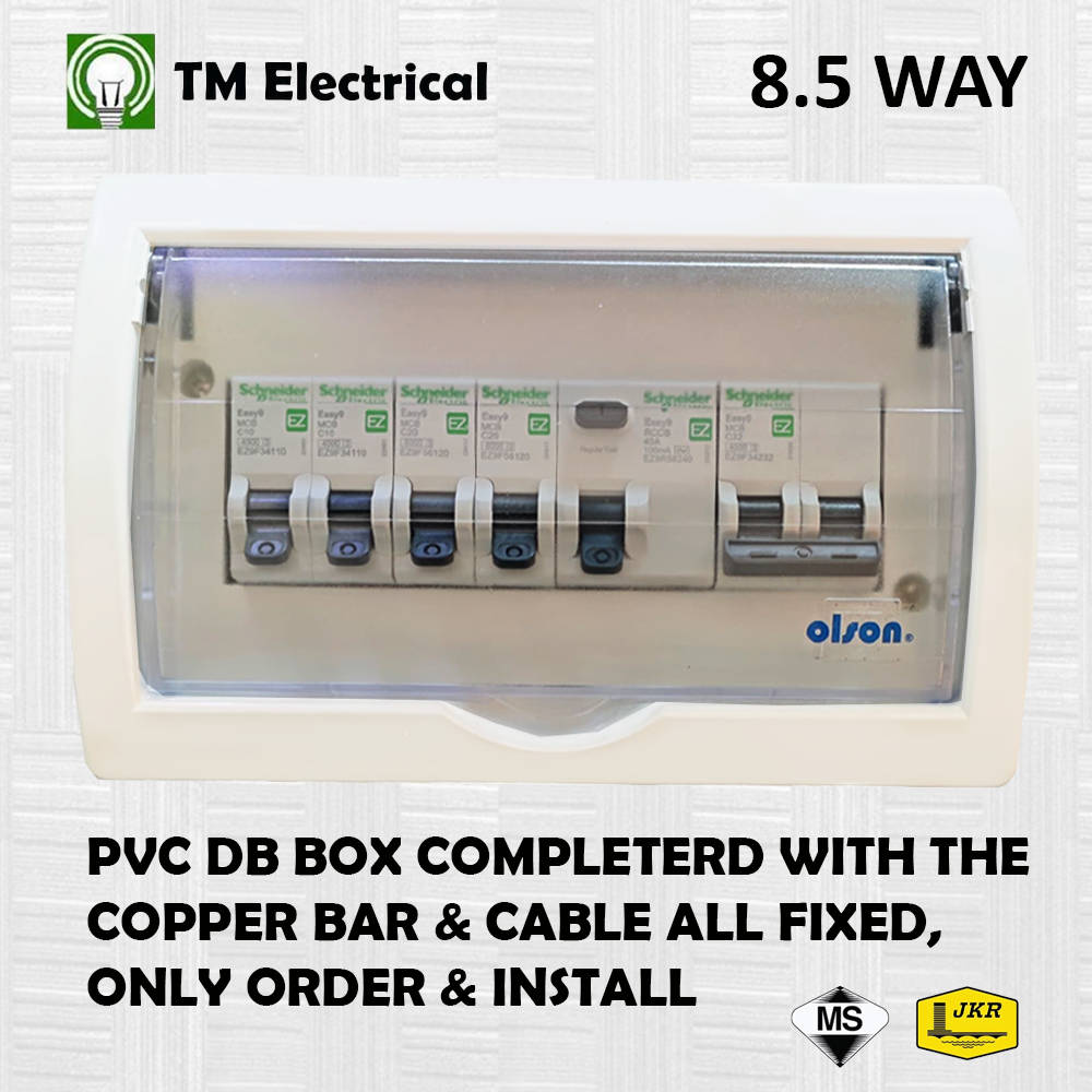 8.5 WAY BOX DB FULL COMPLETE SET SINGLE PHASE 40A RCCB/ELCB 100MA C/W MAIN SWITCH 2 POLE MCB ...