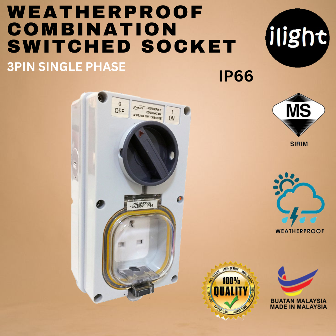 LSE Weatherproof Combination Switched Socket 3 Pin Single Phase Double ...