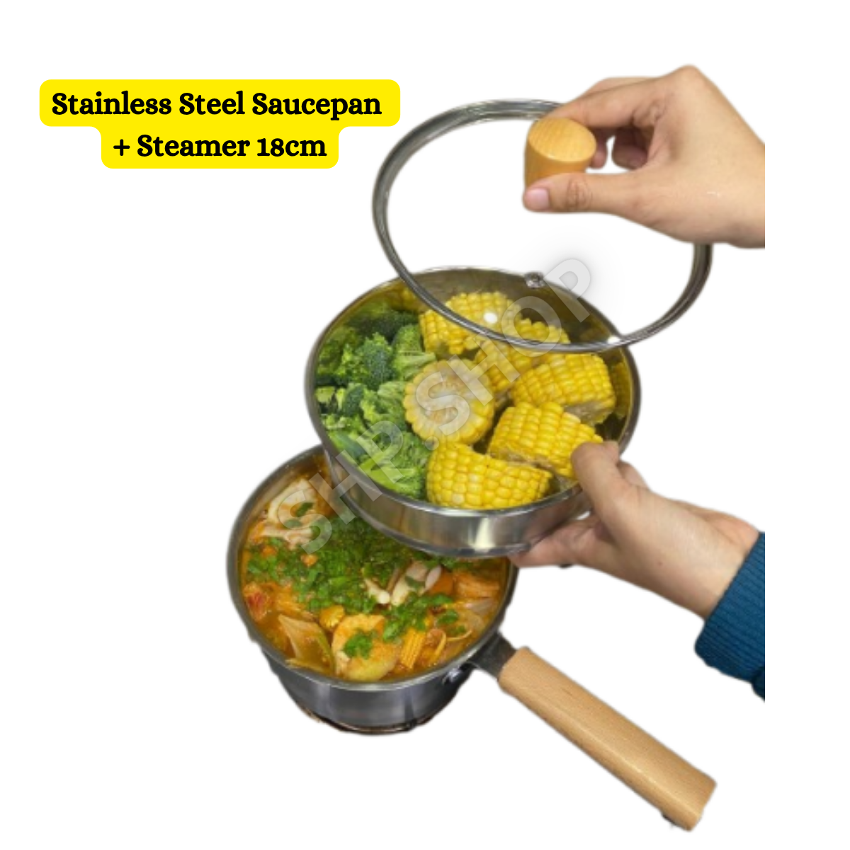 18cm Stainless Steel Multi-Purpose Pot with Steamer & Glass Lid ...