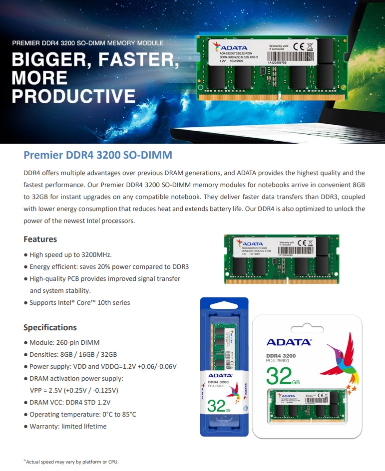 ADATA DDR4 Notebook RAM 8GB / 16GB 3200MHz CL22 SODIMM Laptop Memory Value Series | Shopee Malaysia