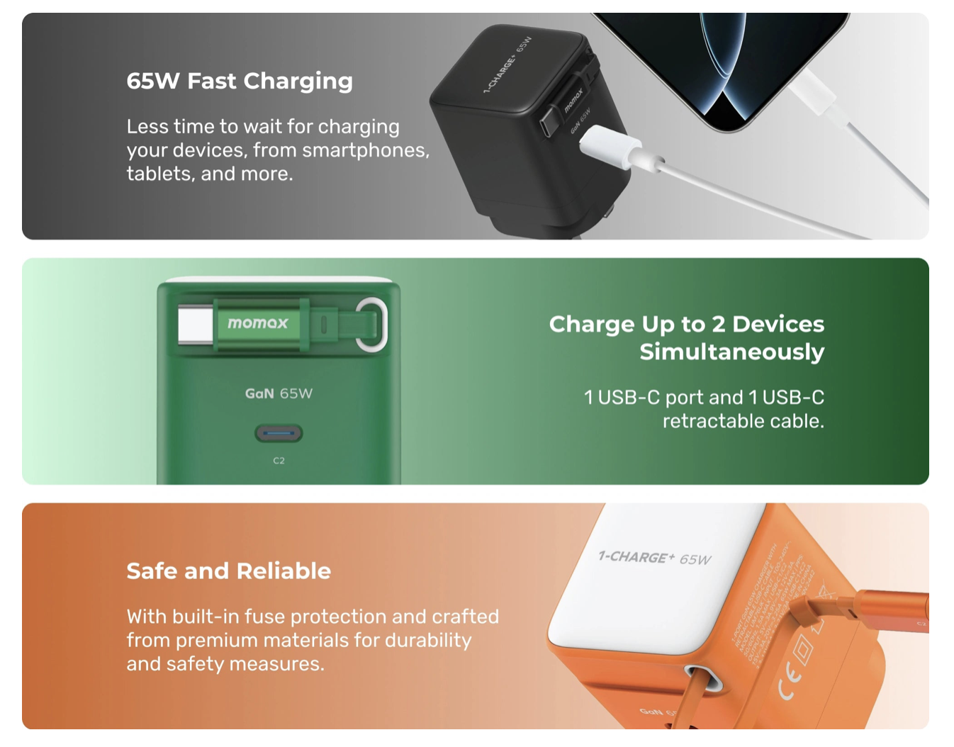 Momax 1-Charge+ 1-Port GaN Charger With Built-In USB-C Cable (65W ...