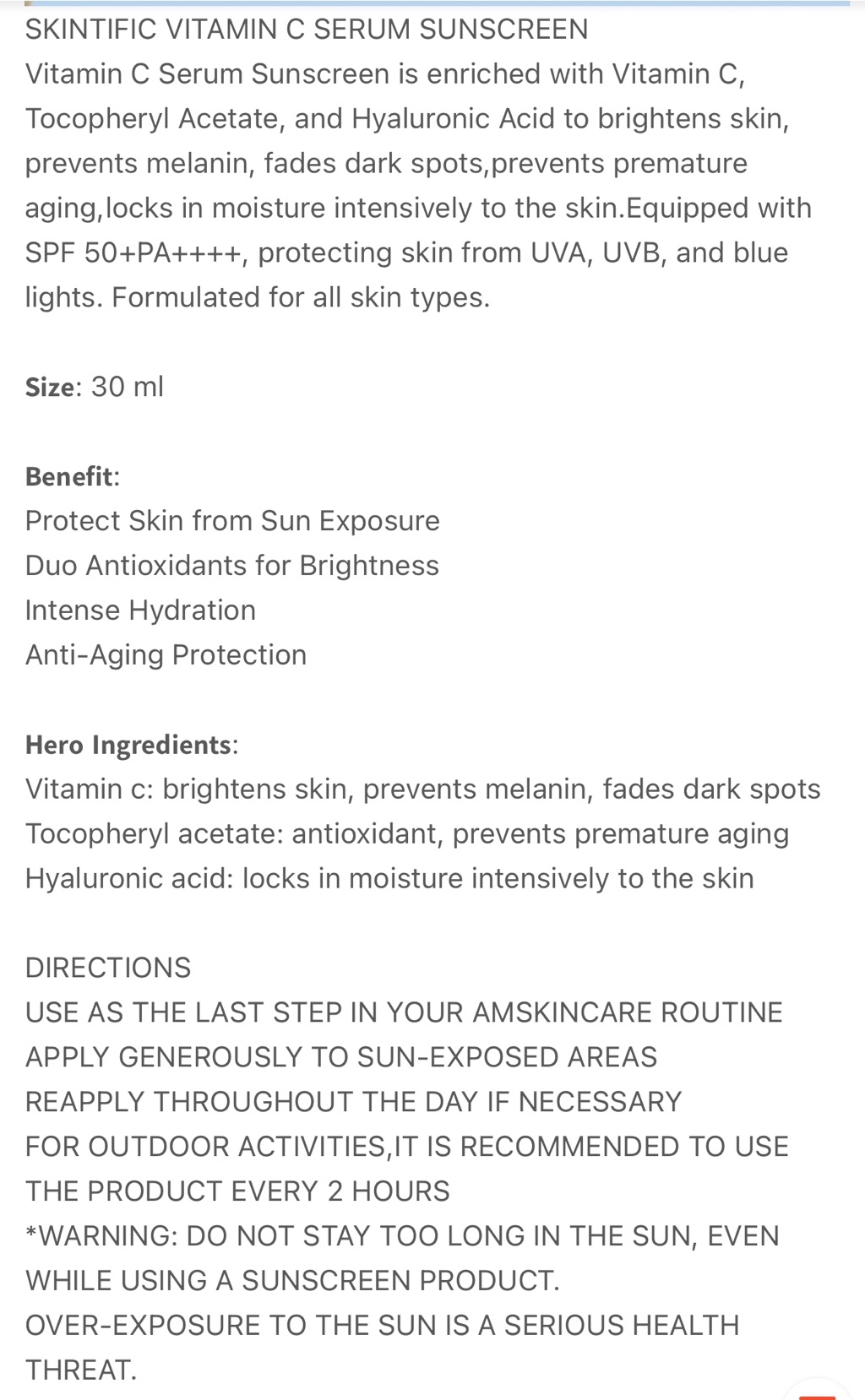 SUNSCREEN Vitamin C serum sunscreen UVA/UVB Filters Hyaluronic Acid ...