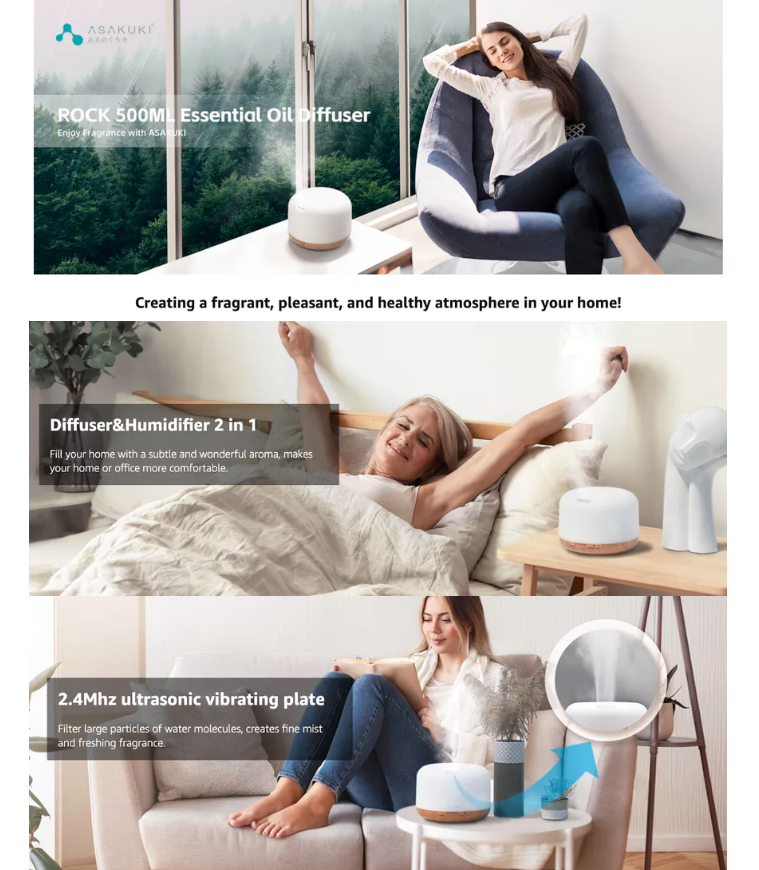 GENUINE ASAKUKI 500ml Premium Essential Oil Diffuser with Remote ...