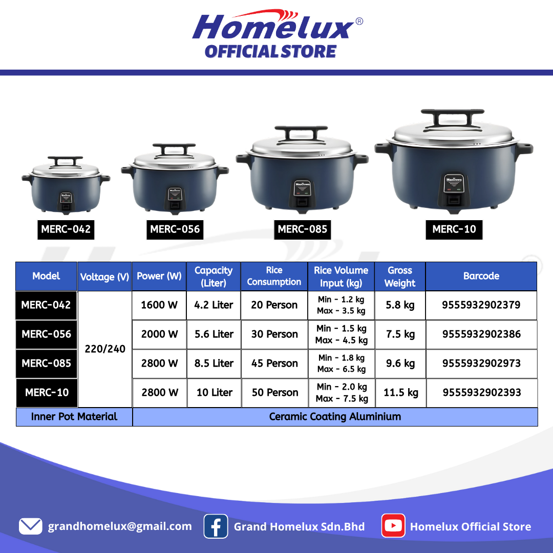 MASCROWN COMMERCIAL ELECTRIC RICE COOKER MERC SERIES MERC-043/MERC-056 ...