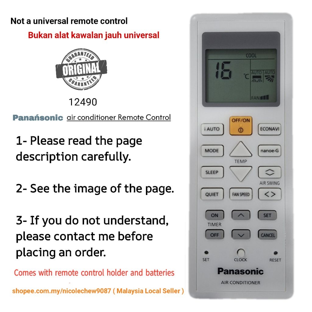Panasonic air Conditioner Remote Control 12490 ( nanoe-G & Econavi ...