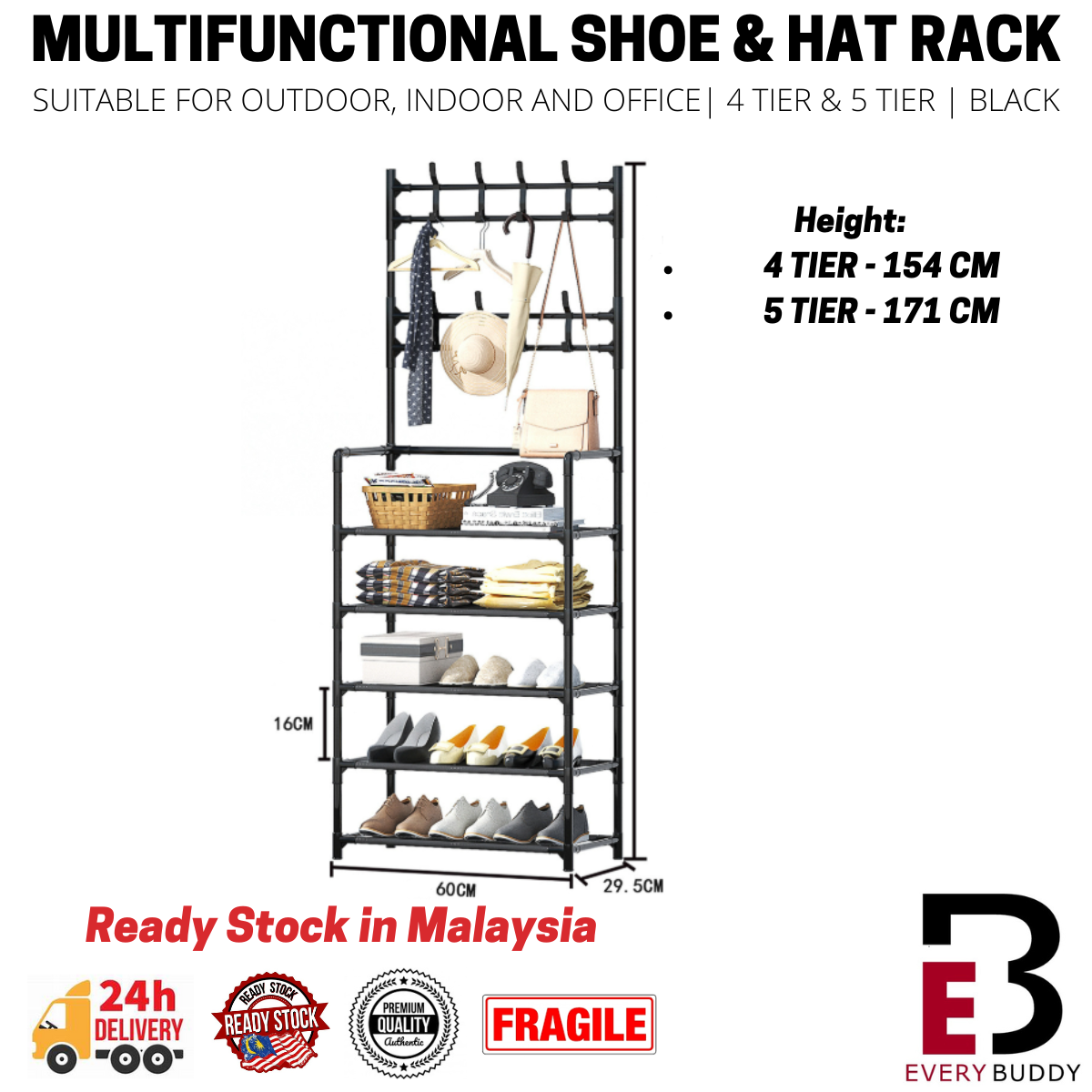 L-Shaped 4 Layers Multi-functional 60cm Organizer Shoe Rak Gantung Topi ...