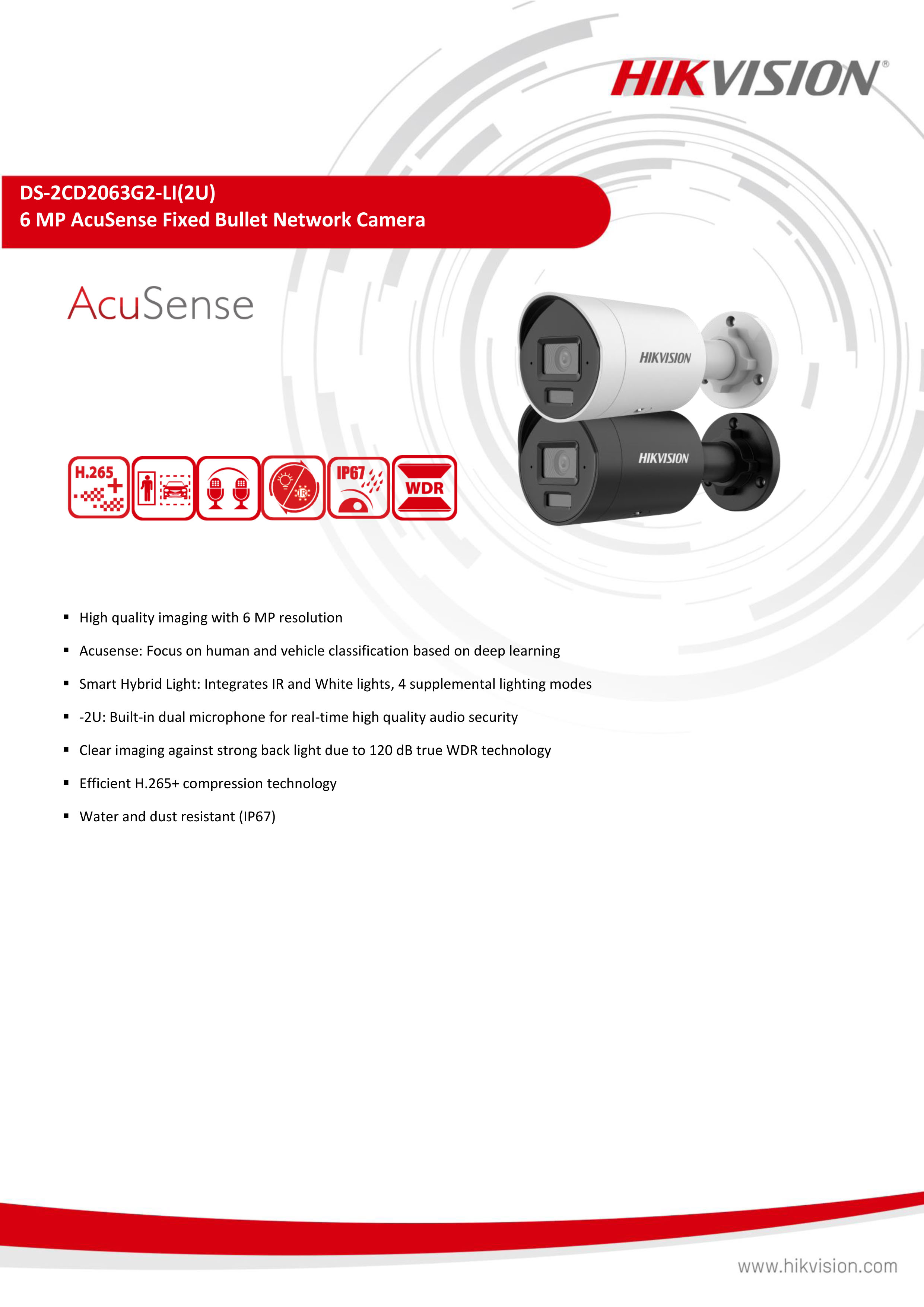 Hikvision DS-2CD2063G2-LI2U / DS-2CD2063G2-LI 6MP AcuSense Smart Hybrid Light Bullet Network ...