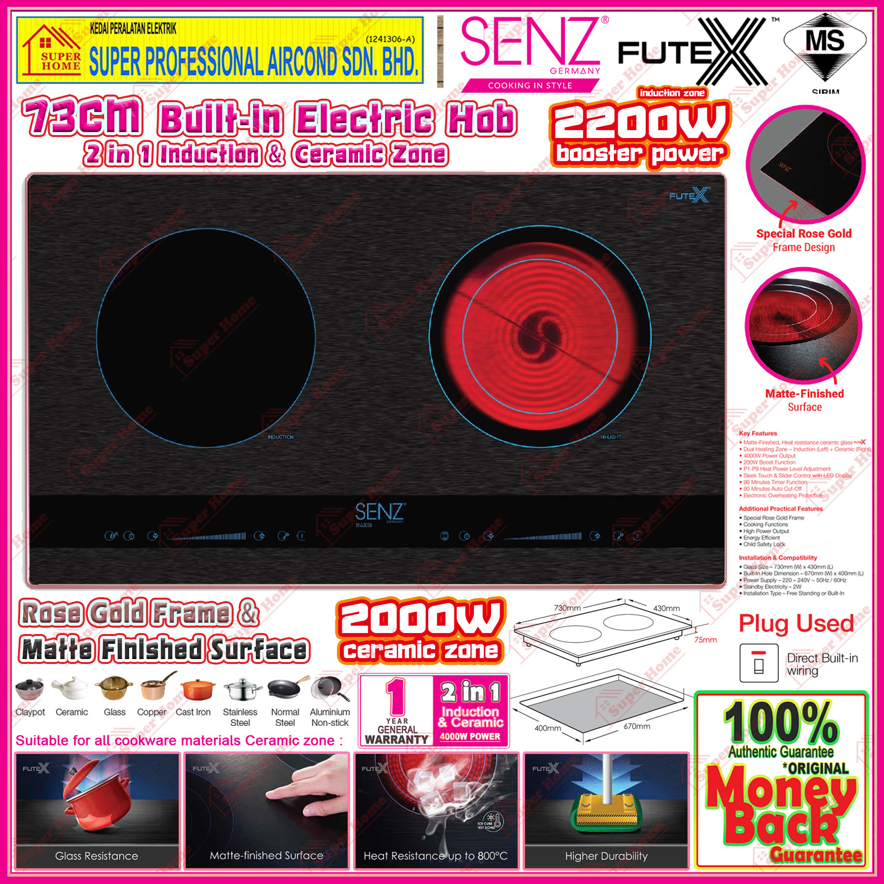 Senz Electric Cooker Hob SZ-RI6200i 2 in 1 Induction & Ceramic Tempered ...