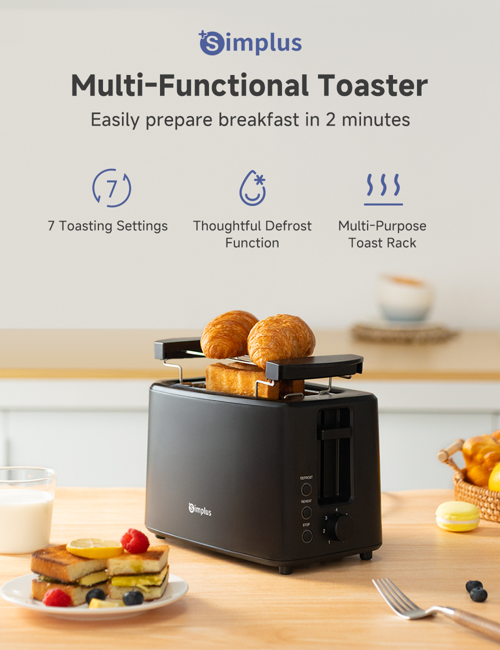 【New Launch】Simplus Multifunctional Toaster 7-Level Temperature Control 3 Functions Defrost 700W ...