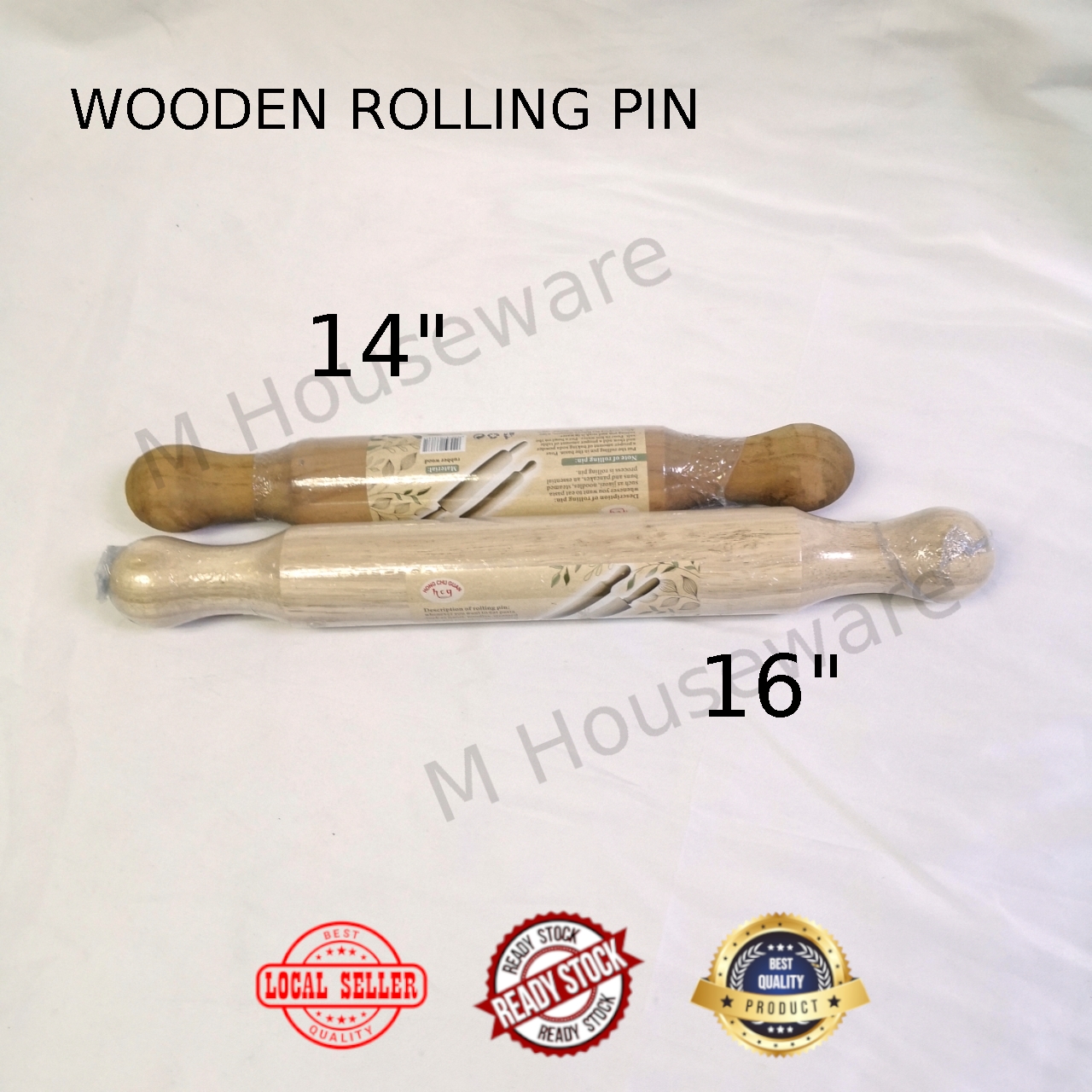 Penggelek Doh Tepung Kayu Gelek 14"-16" Wooden Rolling Pin Rubber Wood ...