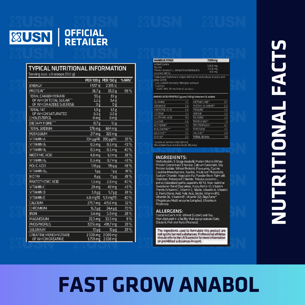 USN Fast Grow Anabolic Lean Weight Gainer Mass Protein Halal Mass Susu ...