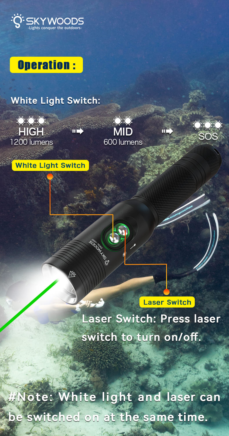 SKYWOODS D6GL 1200 Lumens Dive Torch and Laser Pointer for Scuba Diving ...