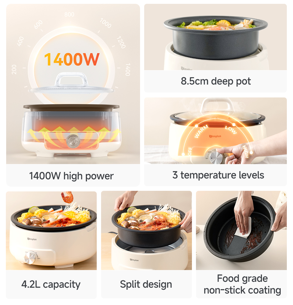 Simplus 4.2L Electric Hot Pot | 1400W High Power | 3 Temperature Levels ...