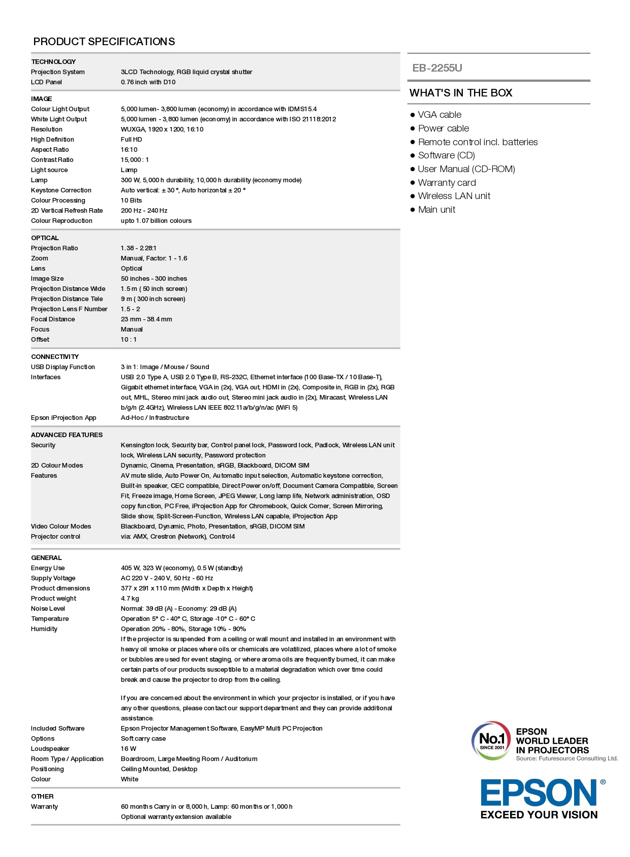 EPSON EB-2255U 5,000 LUMENS WUXGA (1920x1200) 3LCD PROJECTOR, CONTRAST ...