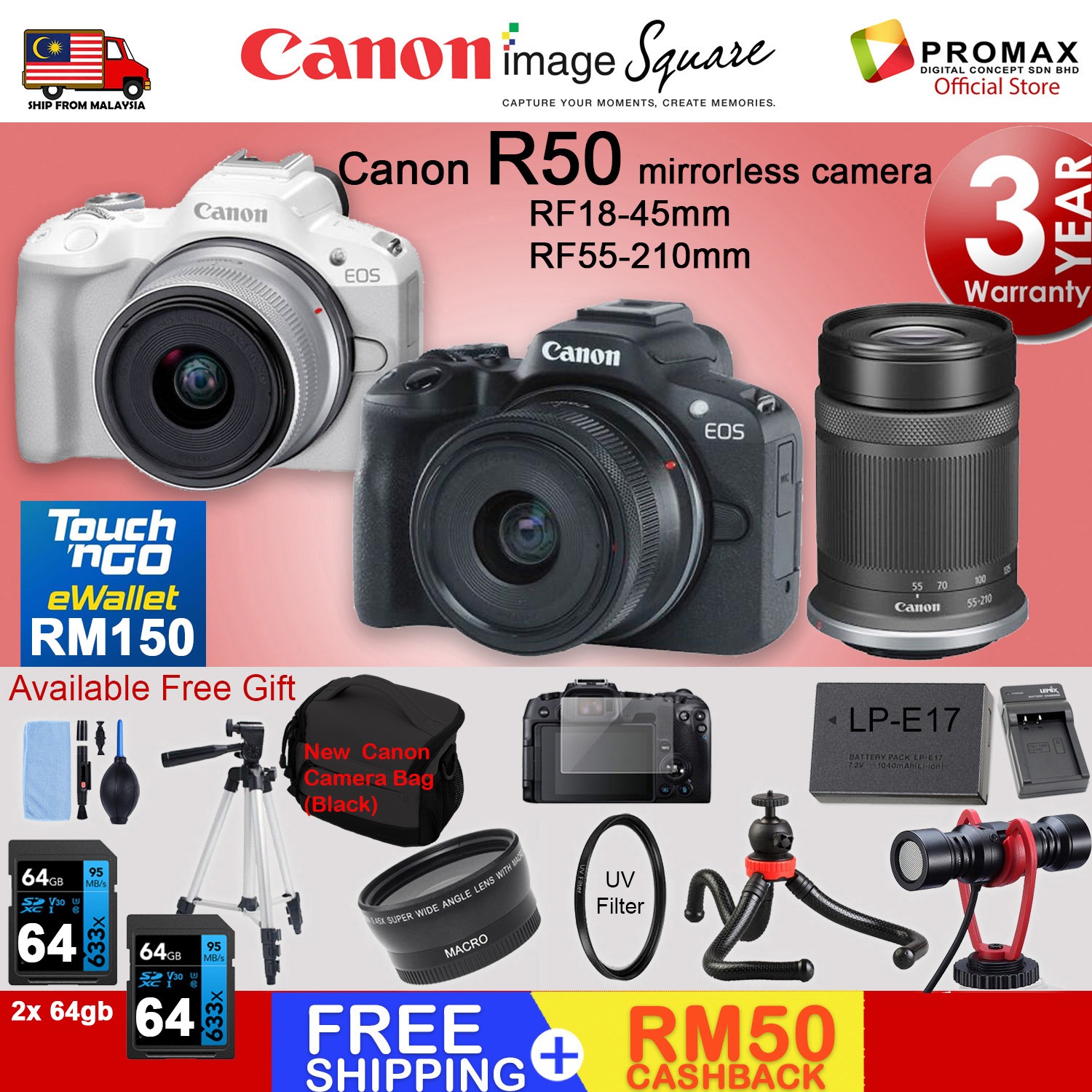 CHEAPEST! Canon EOS R50 18-45mm 55-210mm Mirrorless Camera Black/White ...