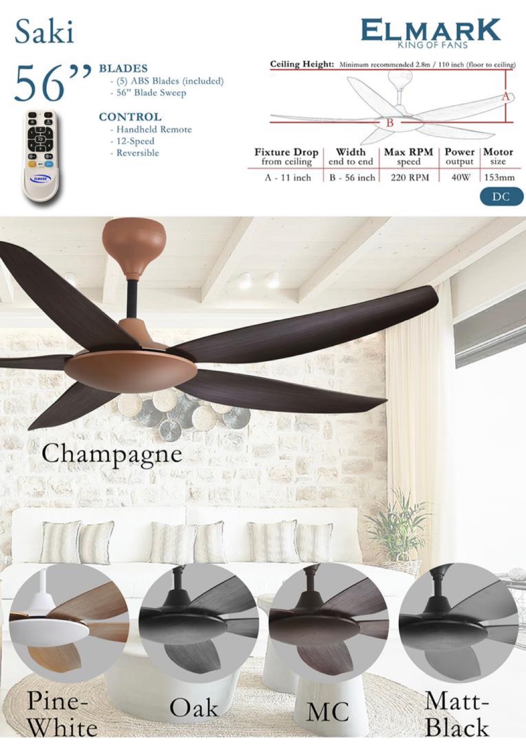 ELMARK SAKI 56" REMOTE CEILING FAN | DC MOTOR | KIPAS SYLING REMOTE ...