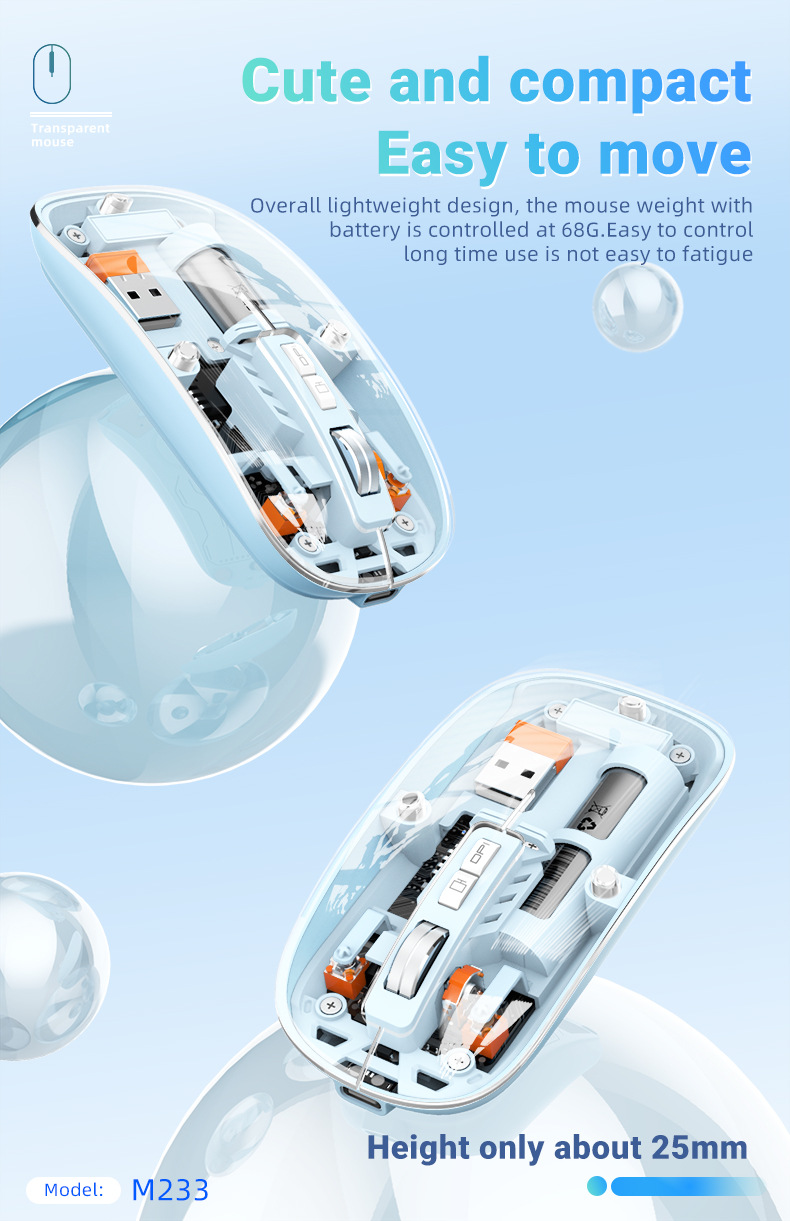 RBTECH M233 New 3 Modes Mute Transparent Mouse 2.4G Wireless BT5.1 Rechargeable Built-in Battery ...