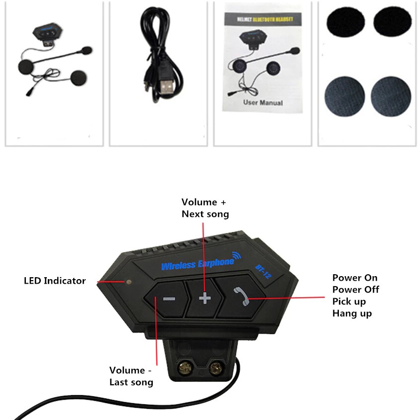 BT12 Motorcycle Helmet Bluetooth Headset Waterproof Wireless Earphones ...