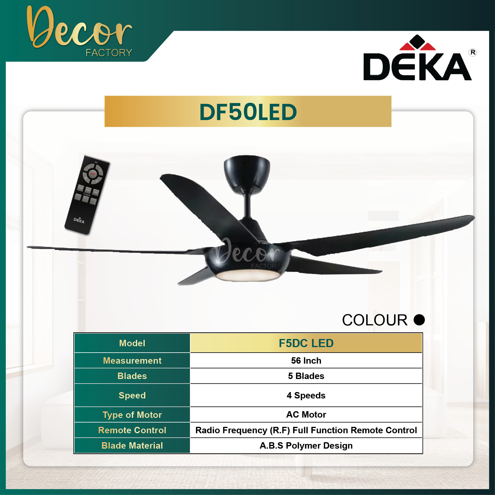 DEKA DF50LED KRONOS F5DC 56" 5 Blades Ceiling Fan AC Motor 3 Color LED ...