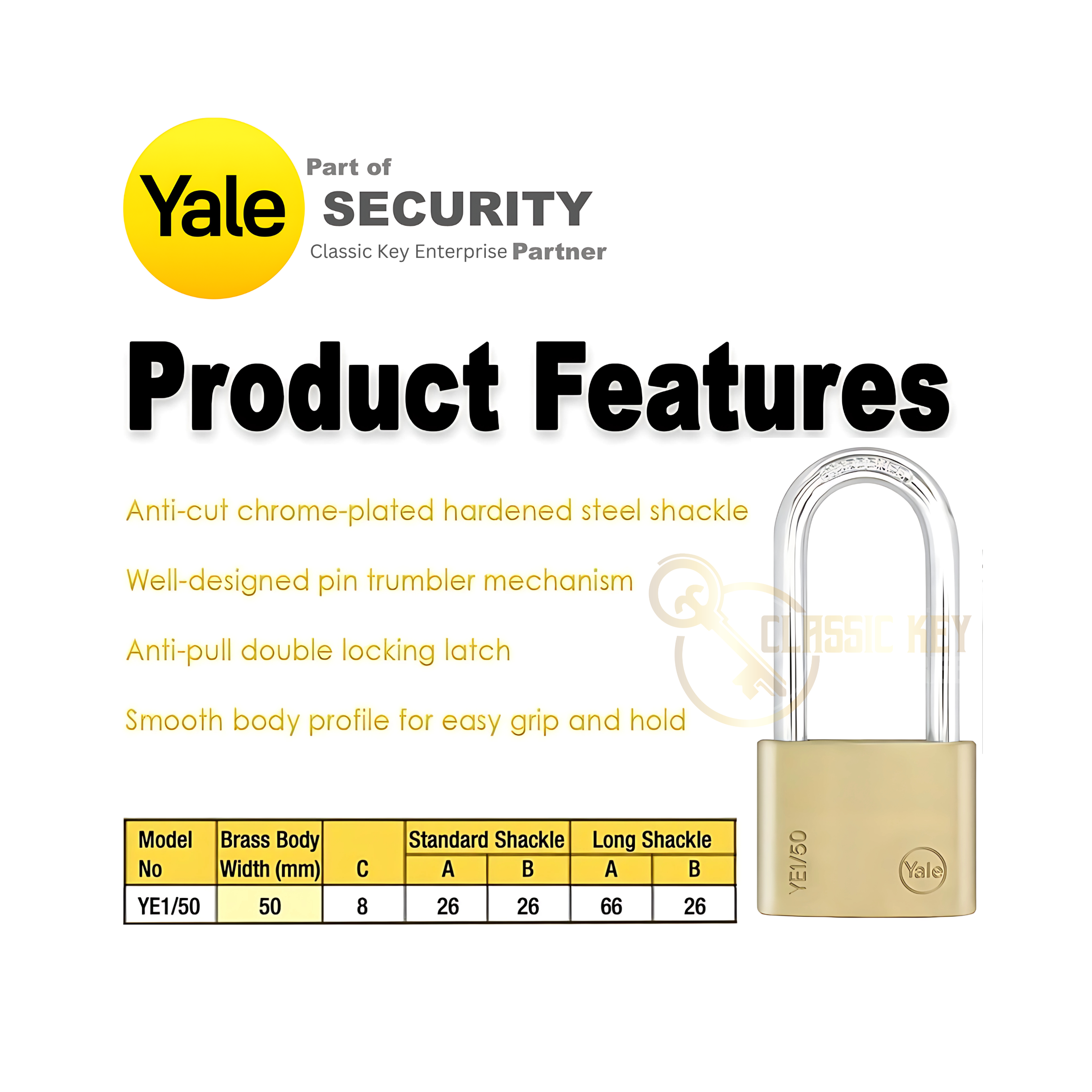 Yale Padlock Solid Brass Body Size 50mm (LONG SHACKLE) Model YE1/50/166/1 ESSENTIAL | Shopee ...