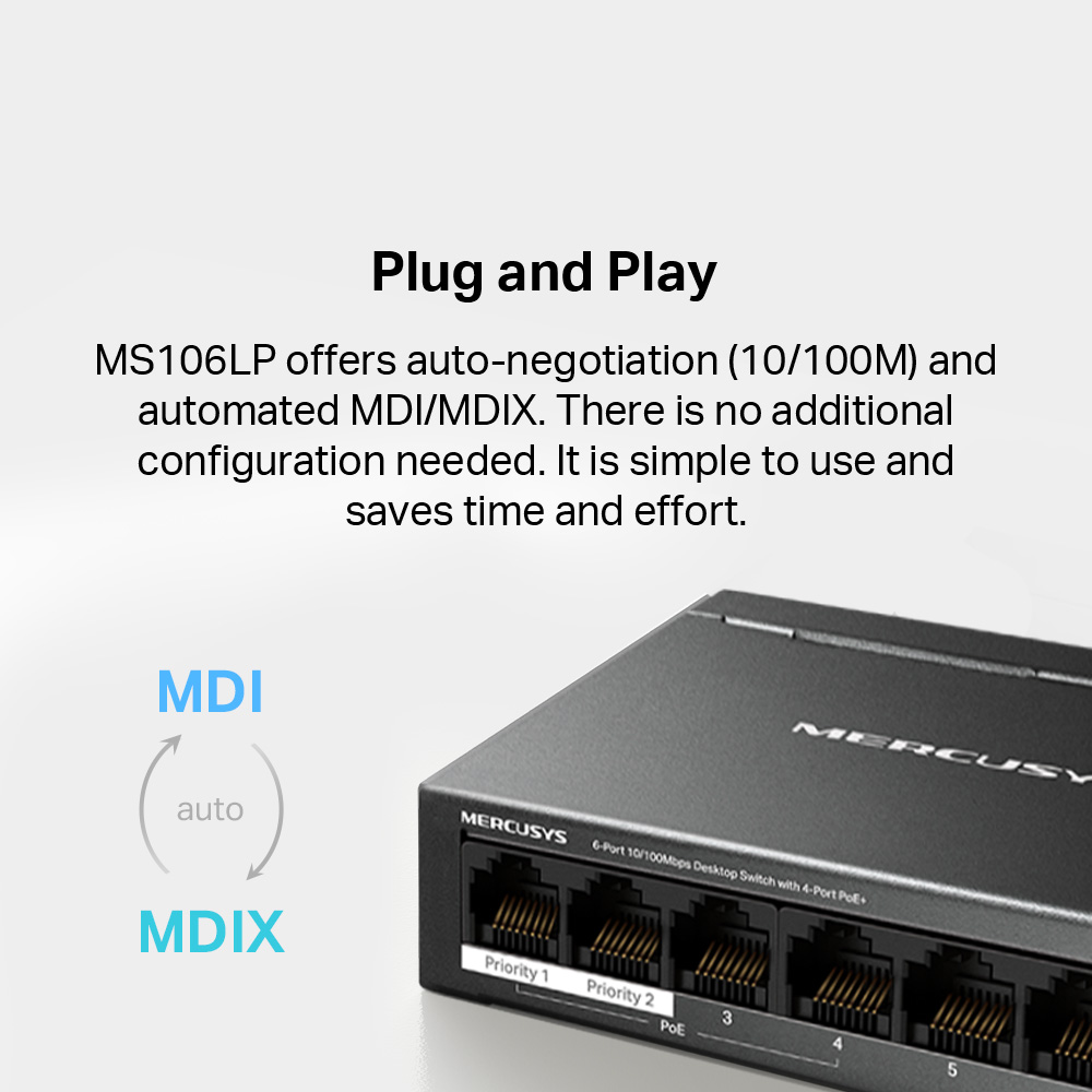 Mercusys MS106LP 6-Port 10/100Mbps Desktop Switch with 4-Port PoE+ ...