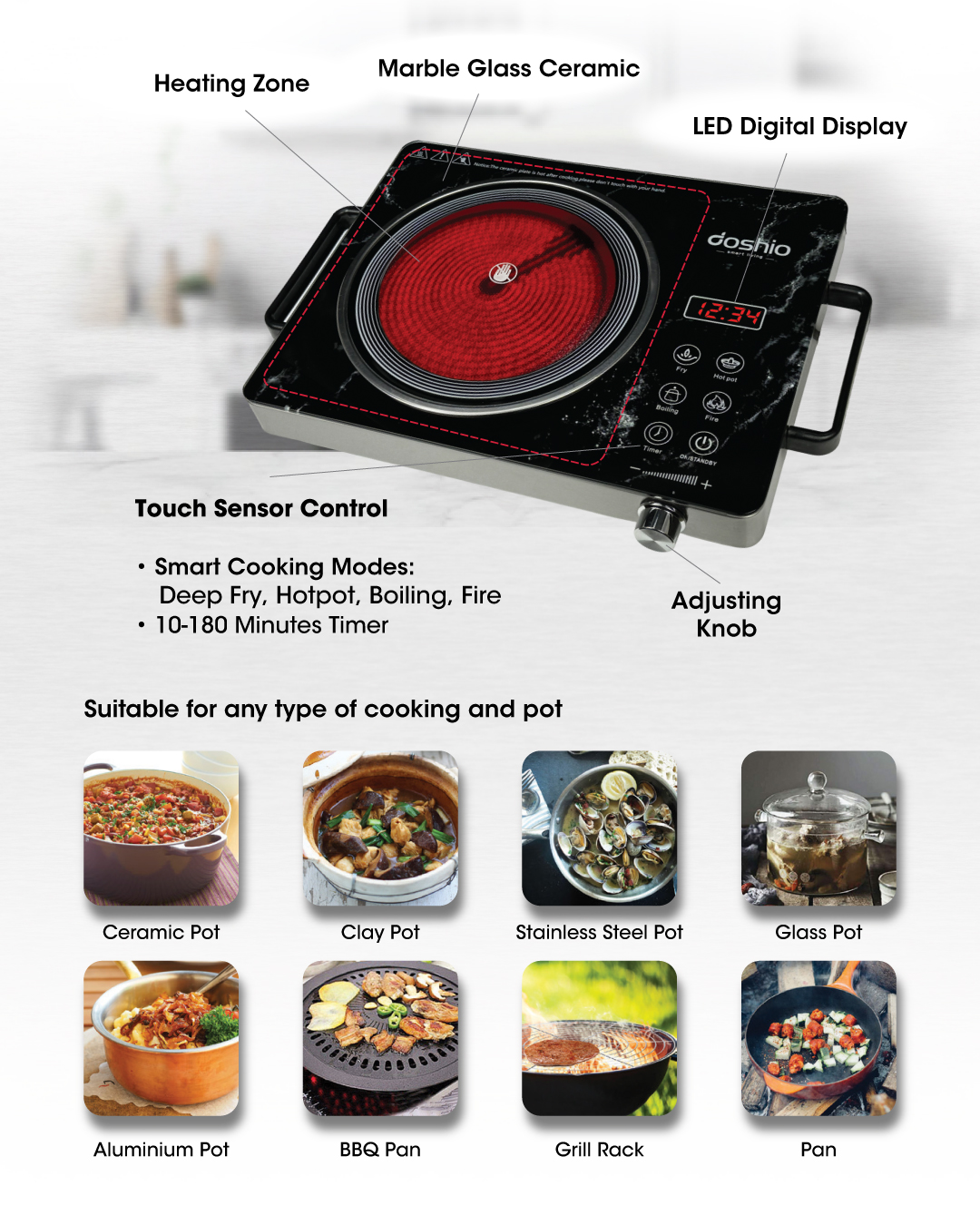 Doshio MultiFunctional Ceramic Cooker Touch Infrared 2200W Timer Dapur ...