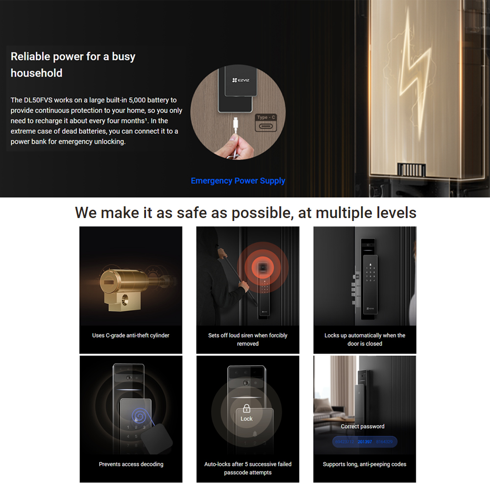 EZVIZ DL50FVS Face Recognition Smart Lock Keyless Doorlock Dual-Lens 3D ...