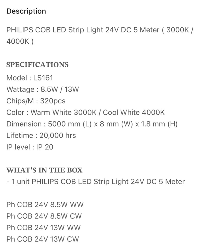 PHILIPS DC24V 5Meter 13W COB LED Strip High Density 320 LED / Flexible ...