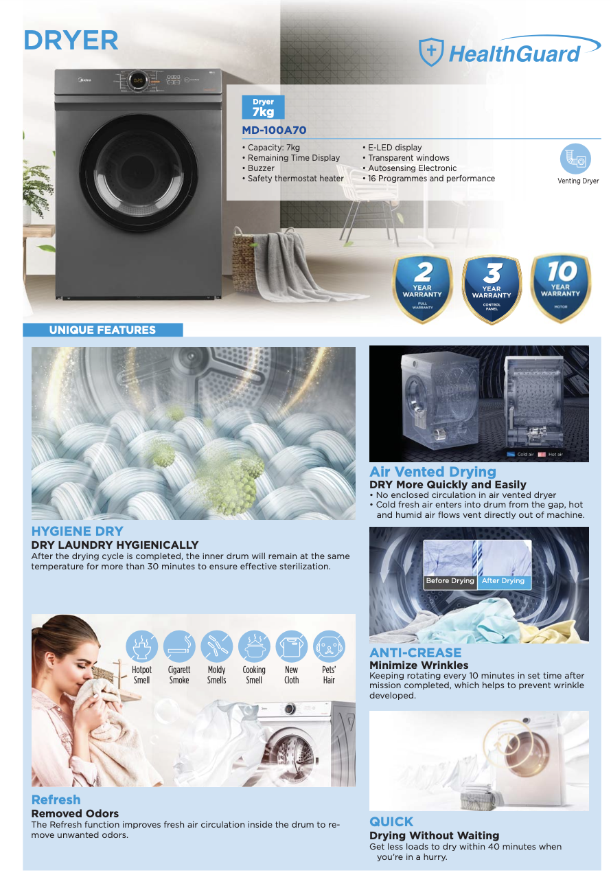 【FREE SHIPPING】Midea 7KG - 10KG Dryer | Vented Dryer / Condenser Dryer ...