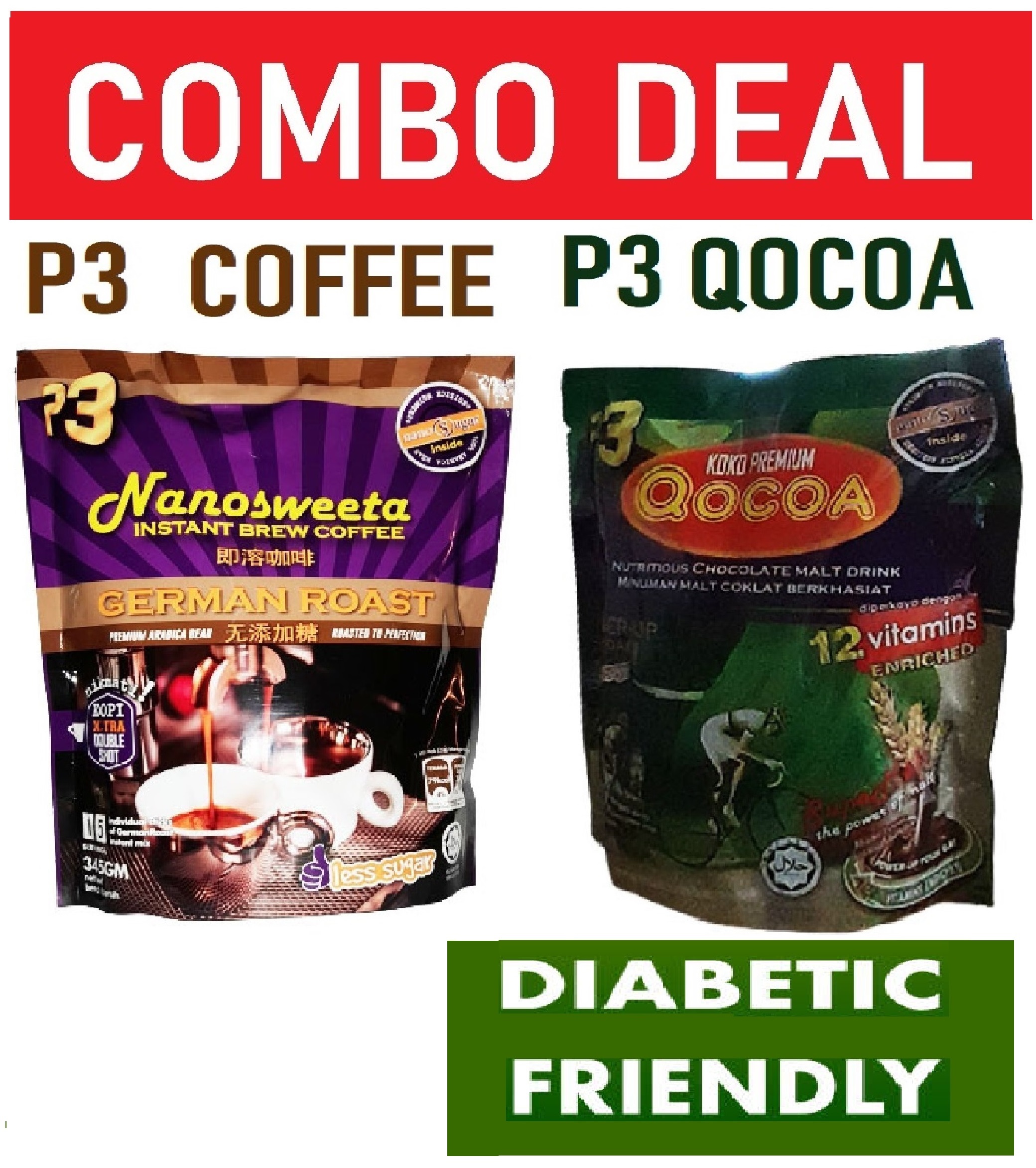 P3 Nanosweeta German Roast Coffee15sachet x 23g) & P3 Qocoa (Chocolate ...