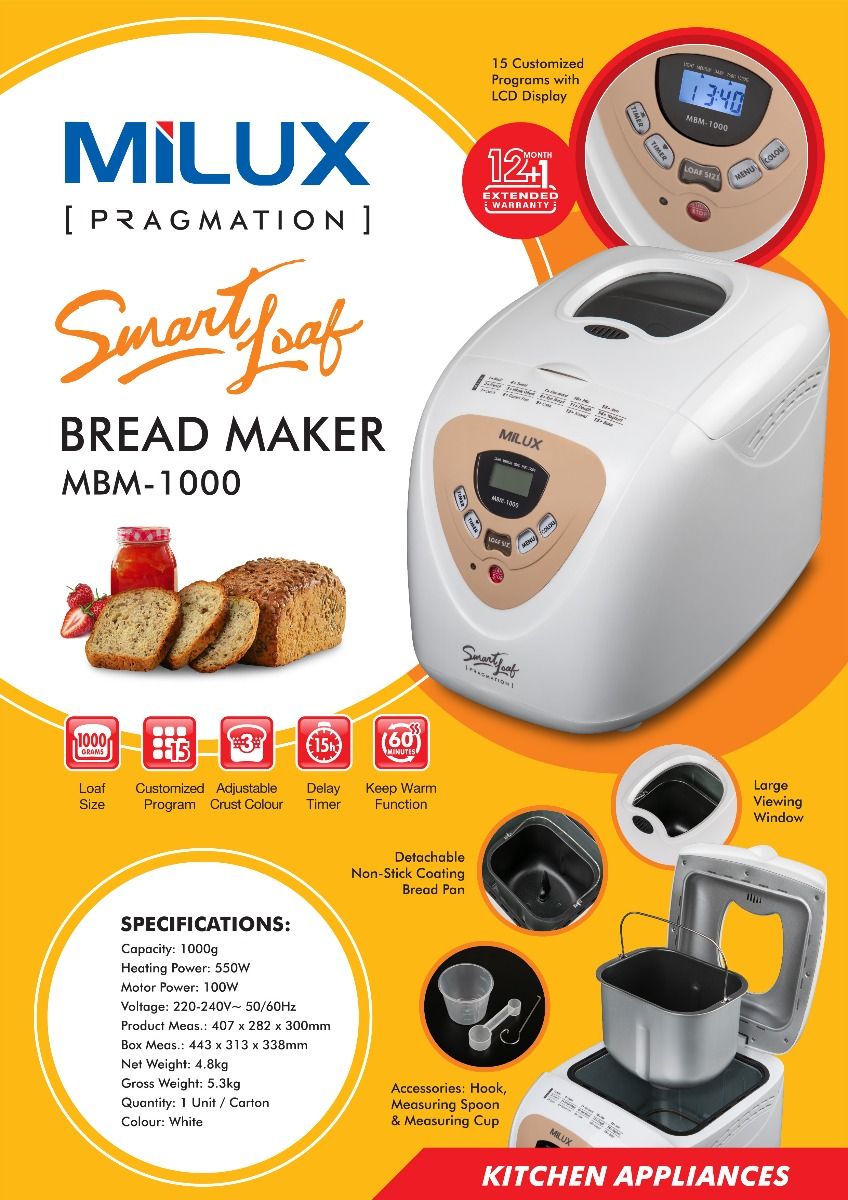 Milux 1kg Bread Maker MBM-1000 with 15 Programs | Shopee Malaysia