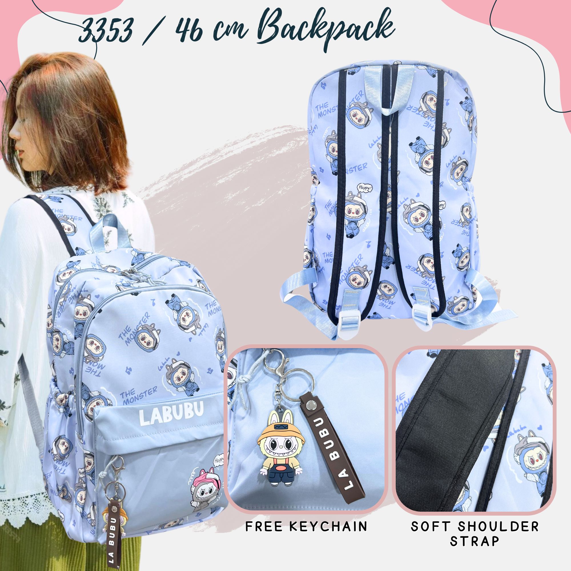 3353 / 46CM LABUBU DESIGN Korea Backpack High Quality Beg Sekolah ...