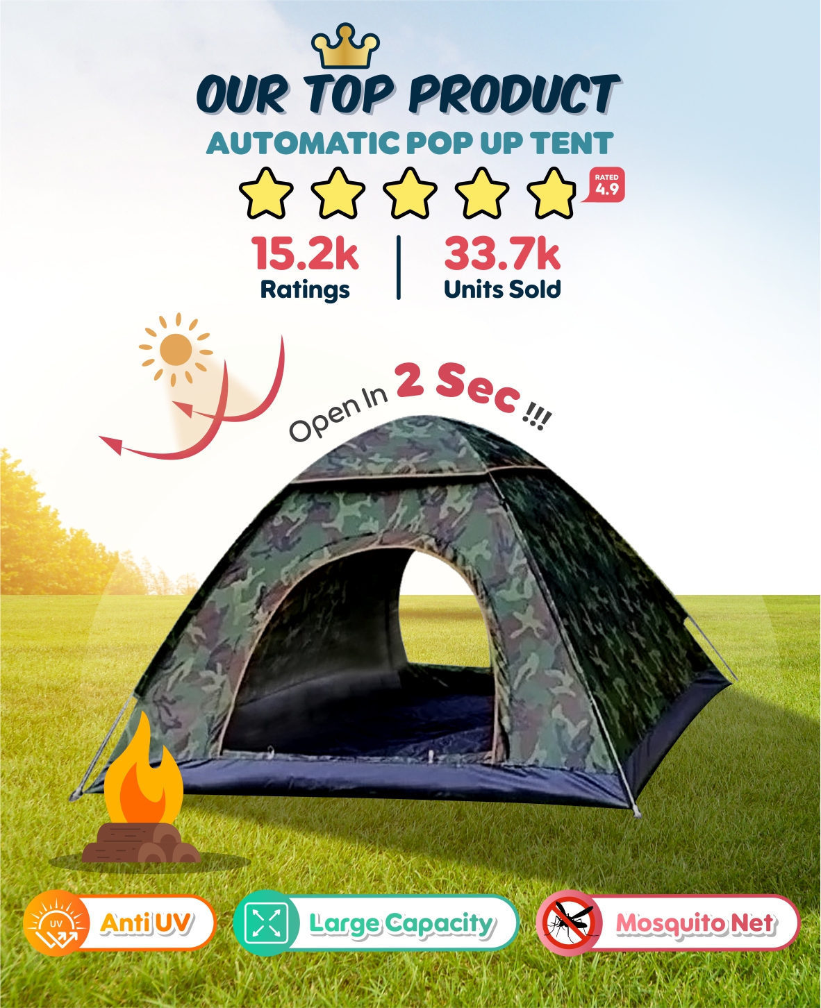 Khemah Camping Tent 3/4 Person 2 Sec Pop Up Tent Khemah Tent Camping ...
