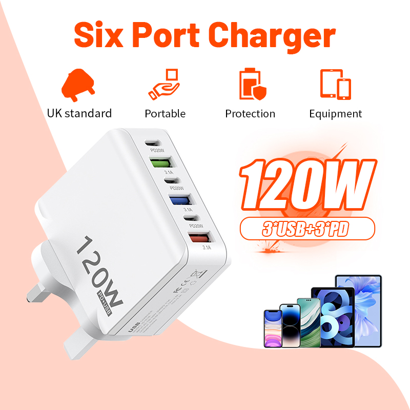 🔥120W Fast Charger 6 Ports 3 USB+3 Type C Fast Charge Phone Power ...