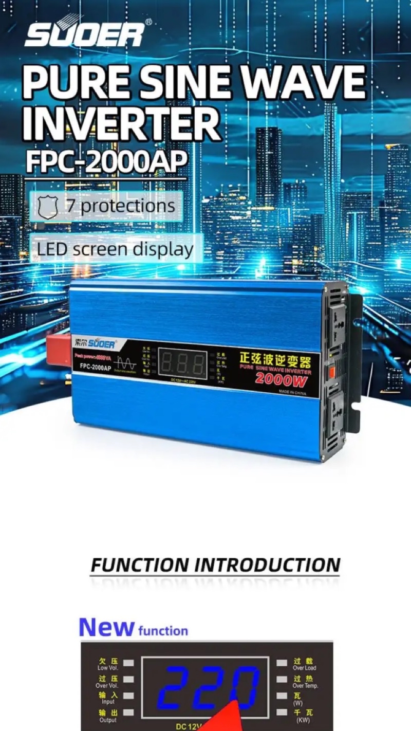 2000W SUOER Pure Sine Wave Inverter DC 12V to AC 230V With USB FPC ...