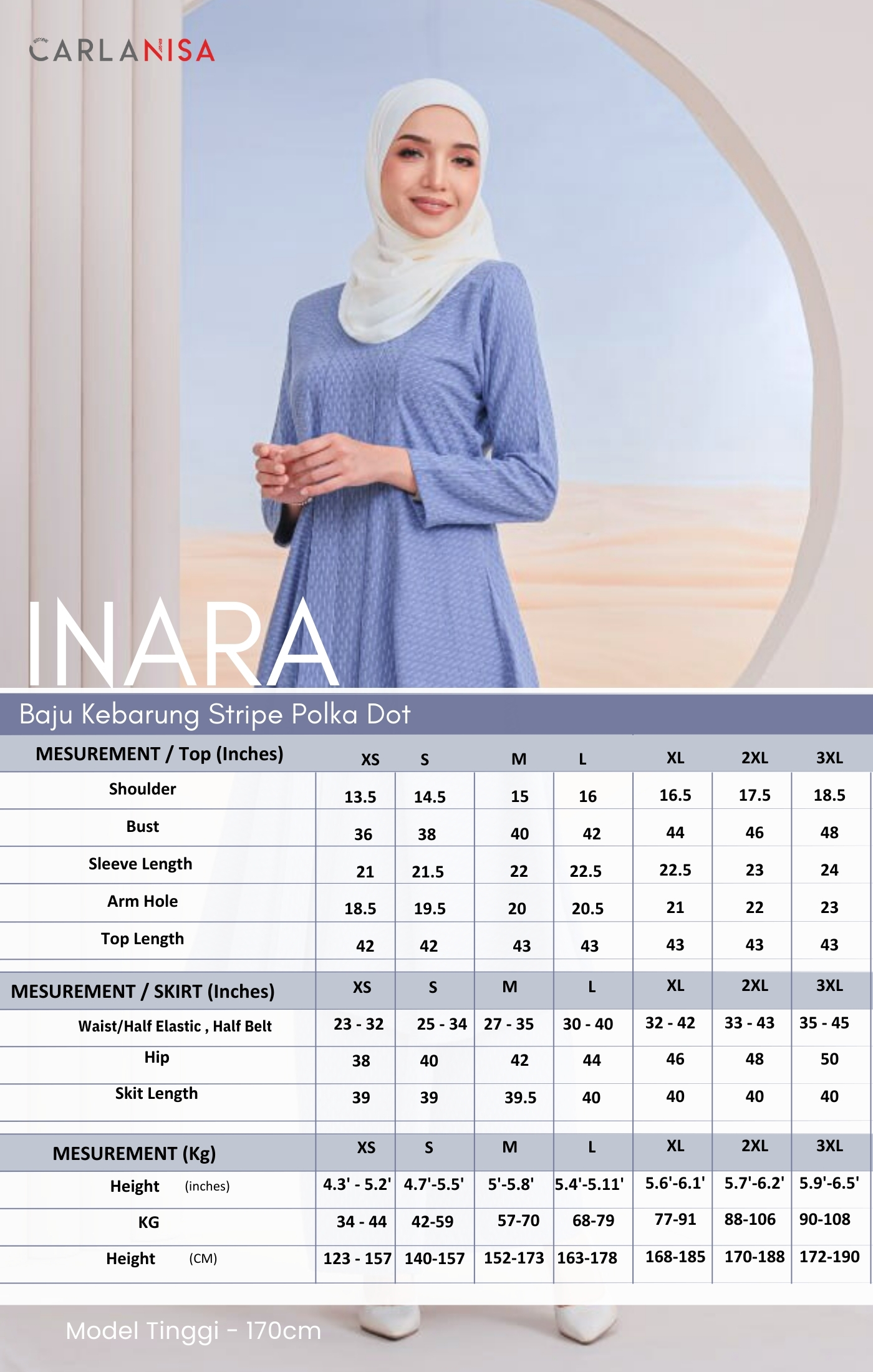 CARLANISA Inara Baju Kebarung Klasik Moden Stripe Polka dot Muslimah ...